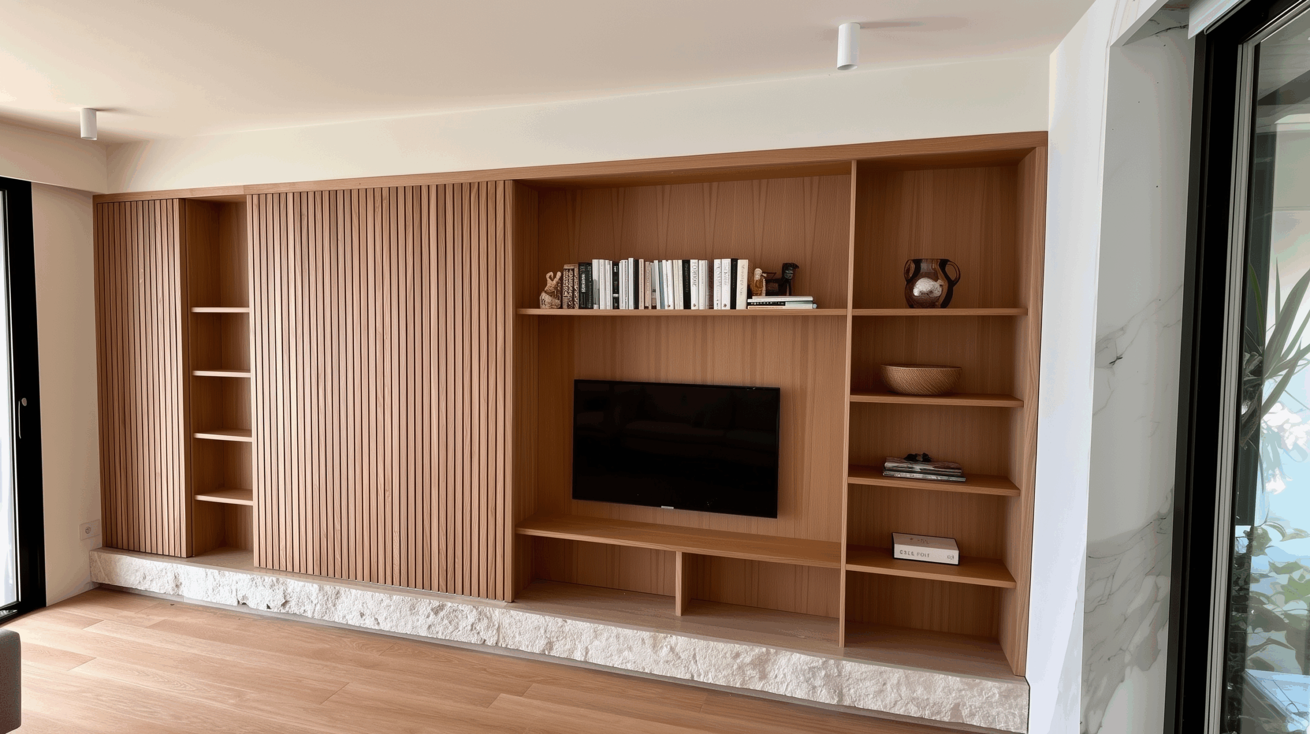 Custom Wooden Cabinet with Roman Travertine Base | Dedalo Stone Project ...